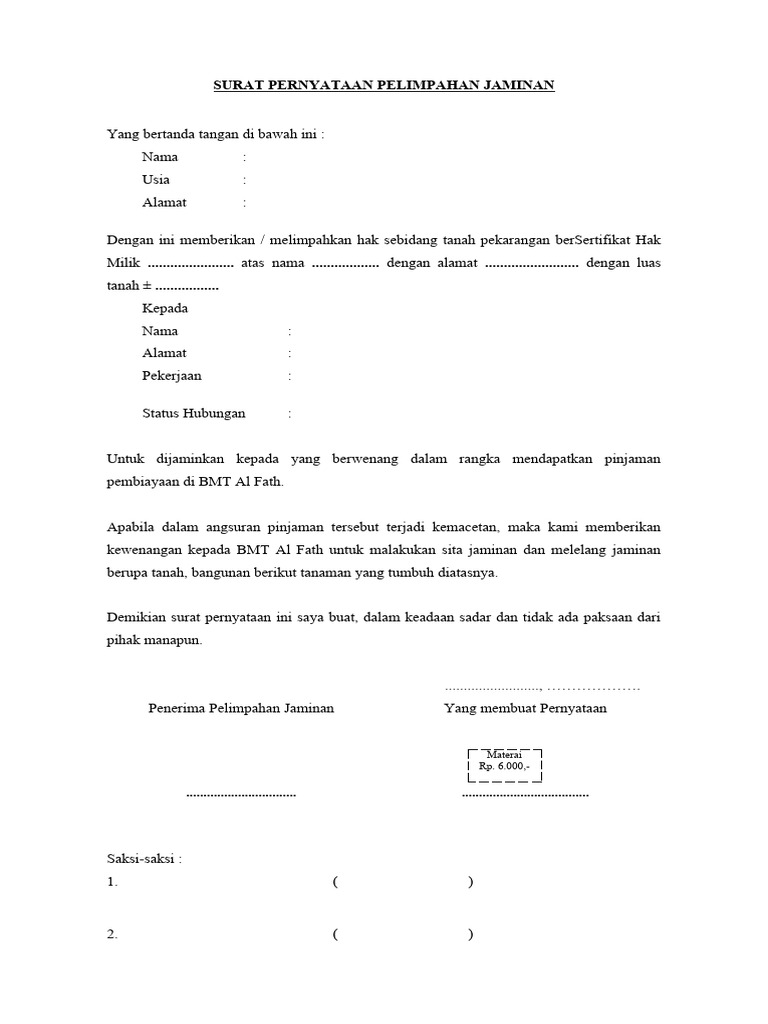 Form Surat Pernyataan Pelimpahan Jaminan - SHM | PDF