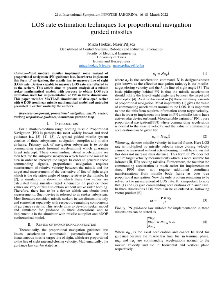 LOS Rate Estimation Techniques For Proportional Navigation Guided Missiles | PDF | Inertial ...