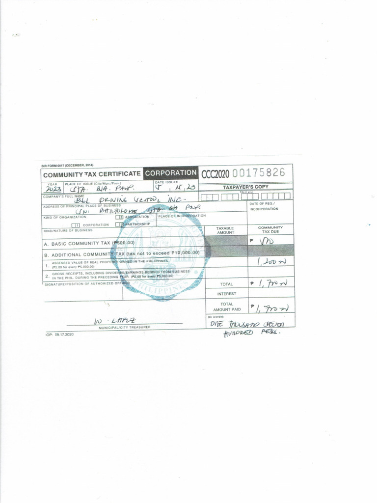 BGL DRIVING SCHOOL - Community Tax Certificate | PDF