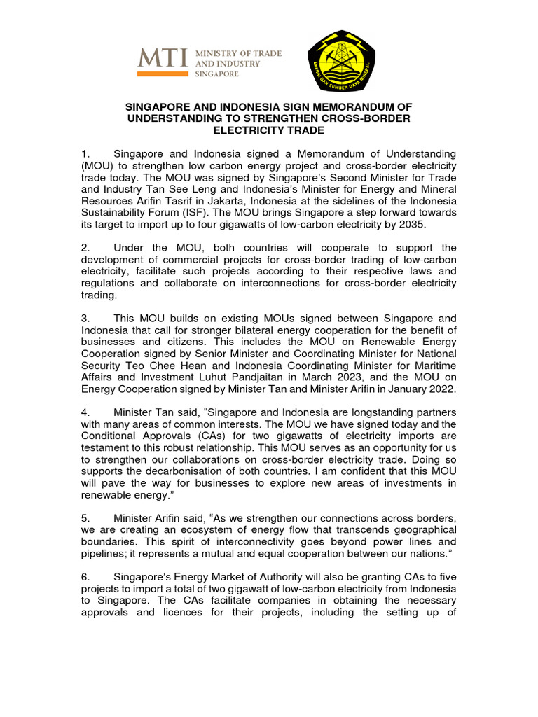 Joint Press Release - Singapore and Indonesia Sign MOU To Strengthen Cross-Border Electricity ...