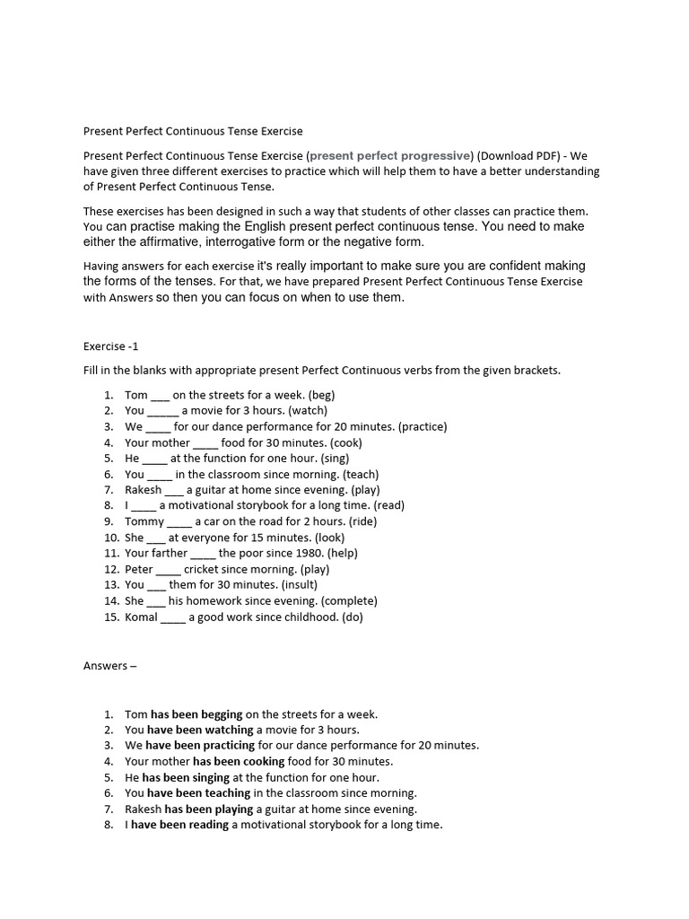 Present Perfect Continuous Tense Exercises | Download Free PDF ...