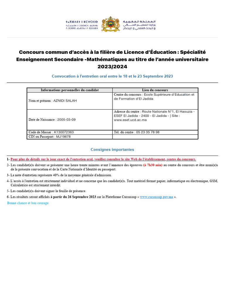 Convocation Concours Licence Éducation 2023 | PDF