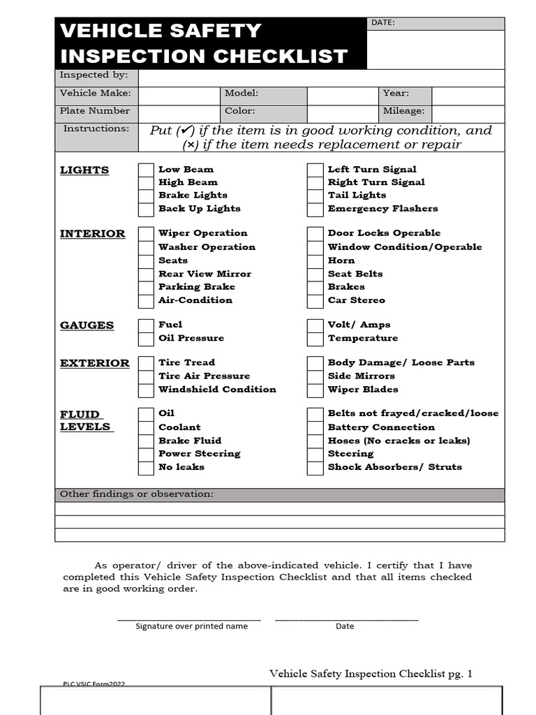 Vehicle Safety Inspection Checklist | PDF | Vehicles | Wheel