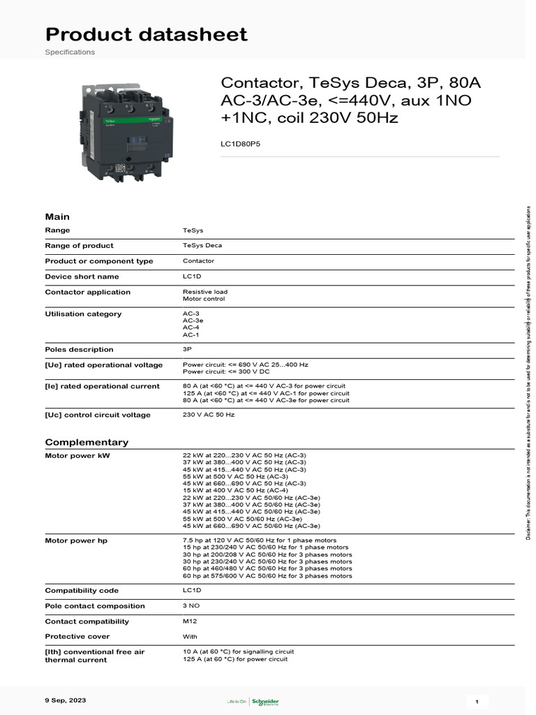 TeSys Deca Contactors - LC1D80P5 | PDF | Materials