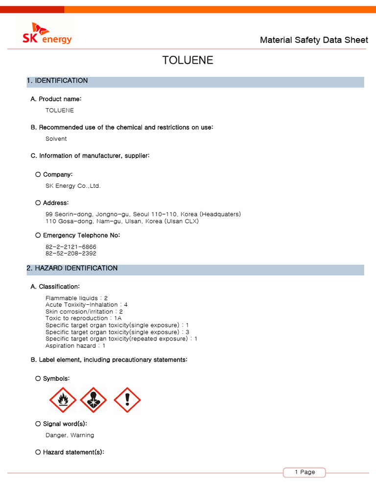 MSDS Toluene | PDF | Toxicity | Water