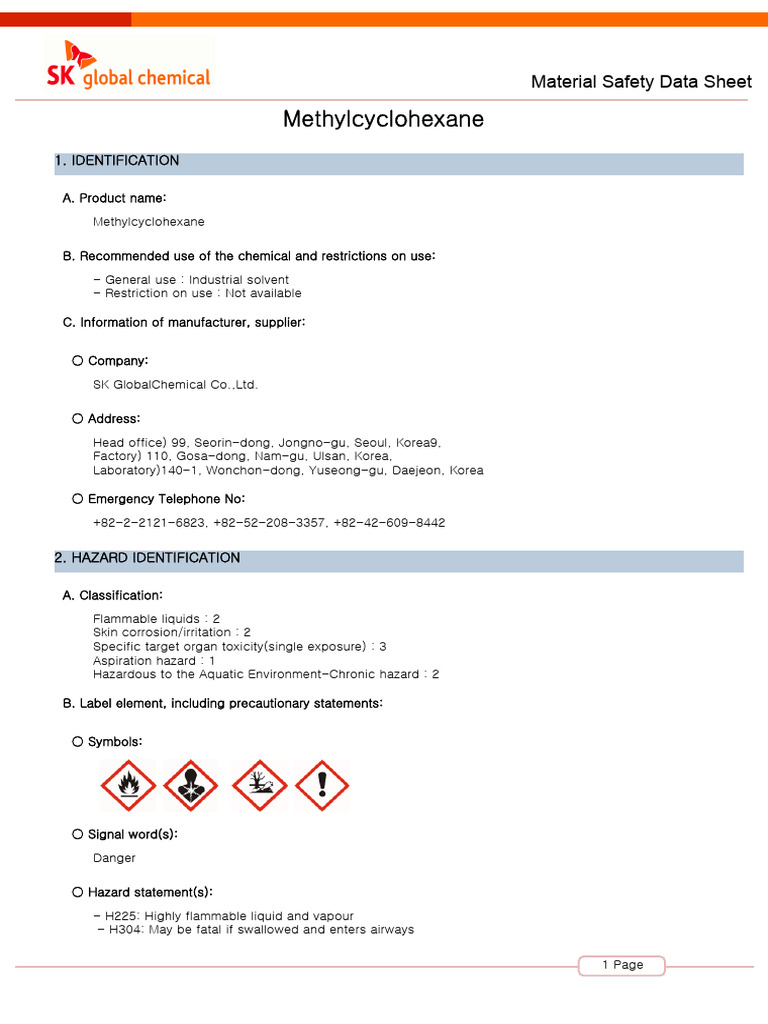 MSDS MCH | PDF | Firefighting | Toxicity