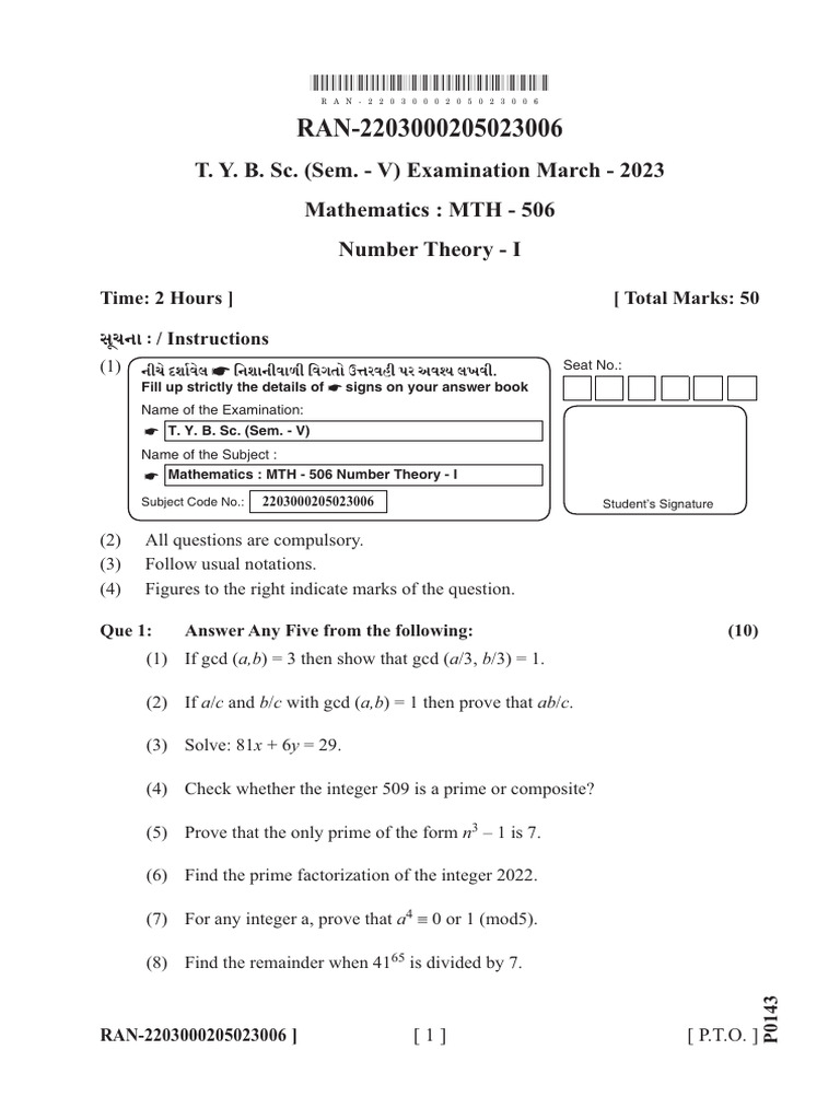 T. Y. B. Sc. (Sem. - V) Examination March - 2023 Mathematics: MTH - 506 Number Theory - I | PDF ...