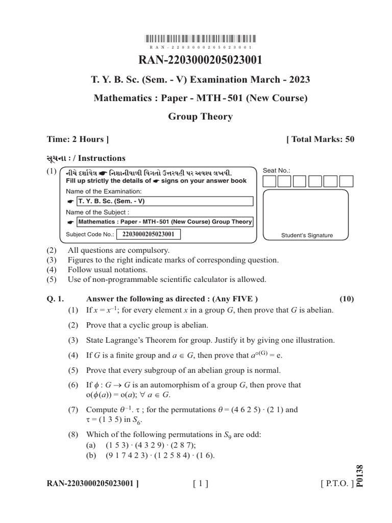 T. Y. B. Sc. (Sem. - V) Examination March - 2023 Mathematics: Paper - MTH - 501 (New Course ...
