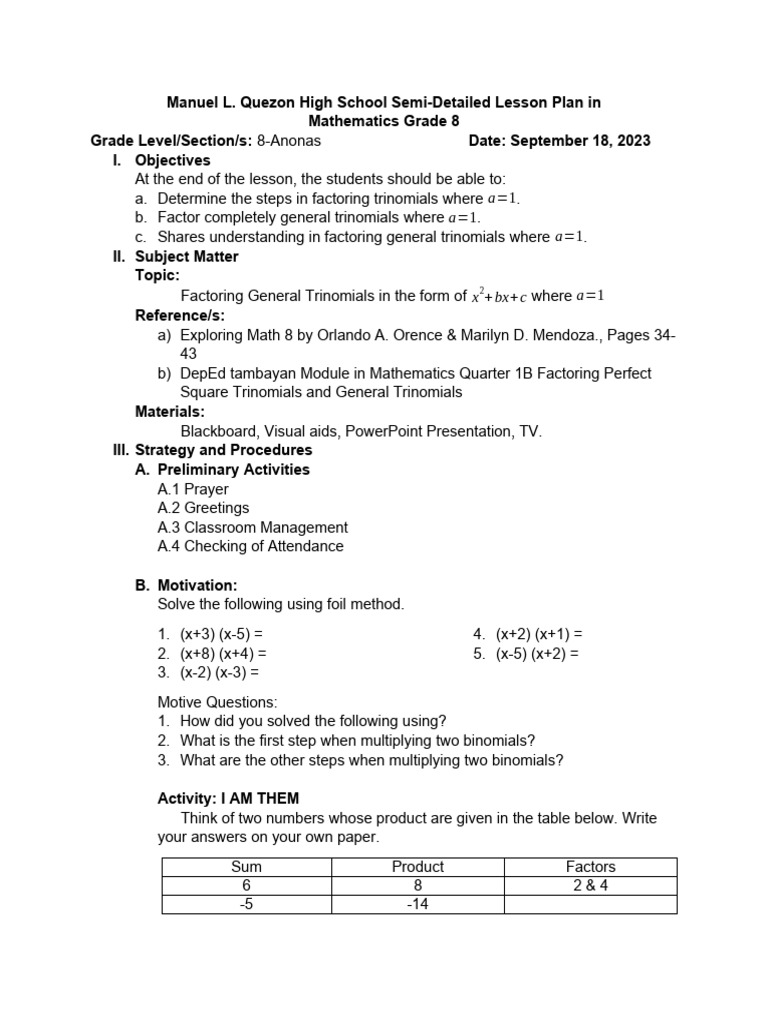 Factoring General Trinomials Lesson Plan Pdf