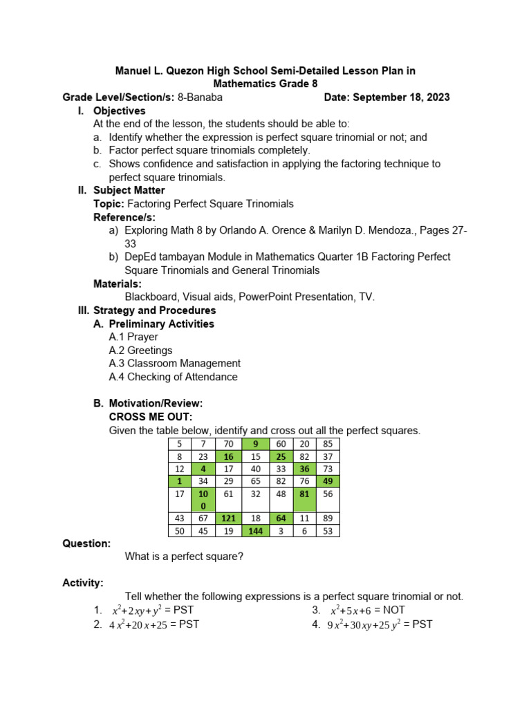 Perfect Square Trinomial Lesson Plan | PDF | Learning | Behavior ...