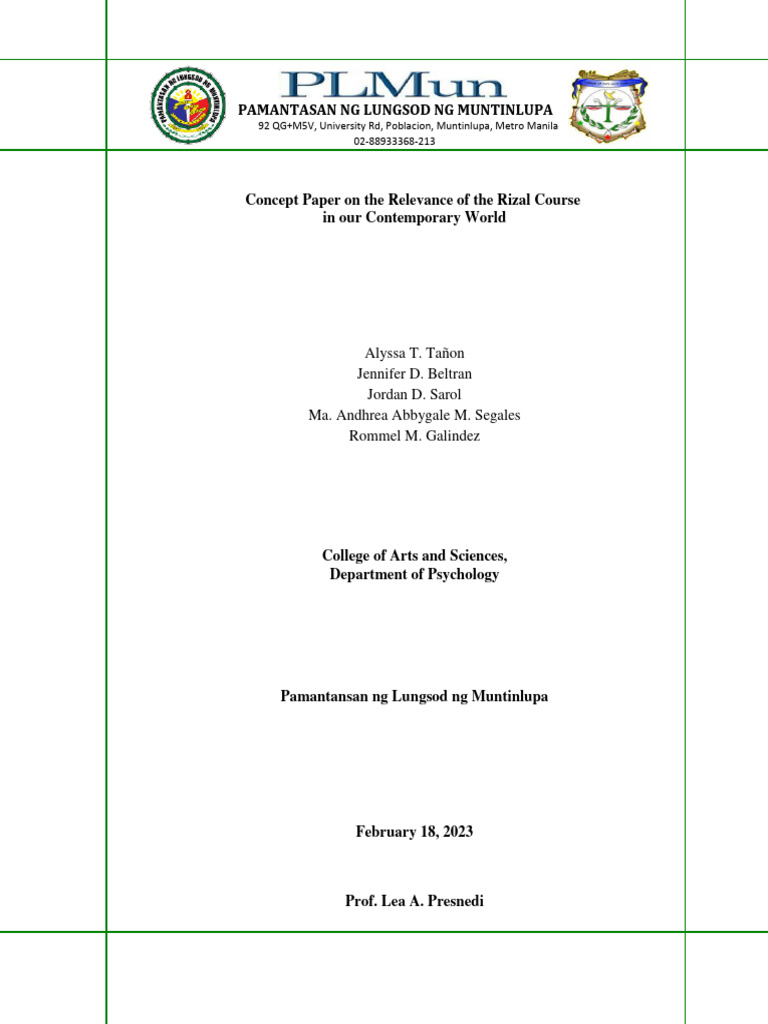 Concept Paper On The Relevance of The Rizal Course in Our Contemporary ...