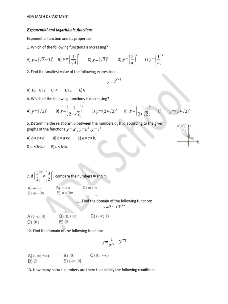Test Bank - Exponential and Logarithmic Functions | PDF | Function ...