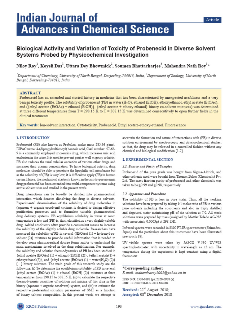 Probenecid Solubility in Mixed Solvents | PDF | Solubility | Infrared ...