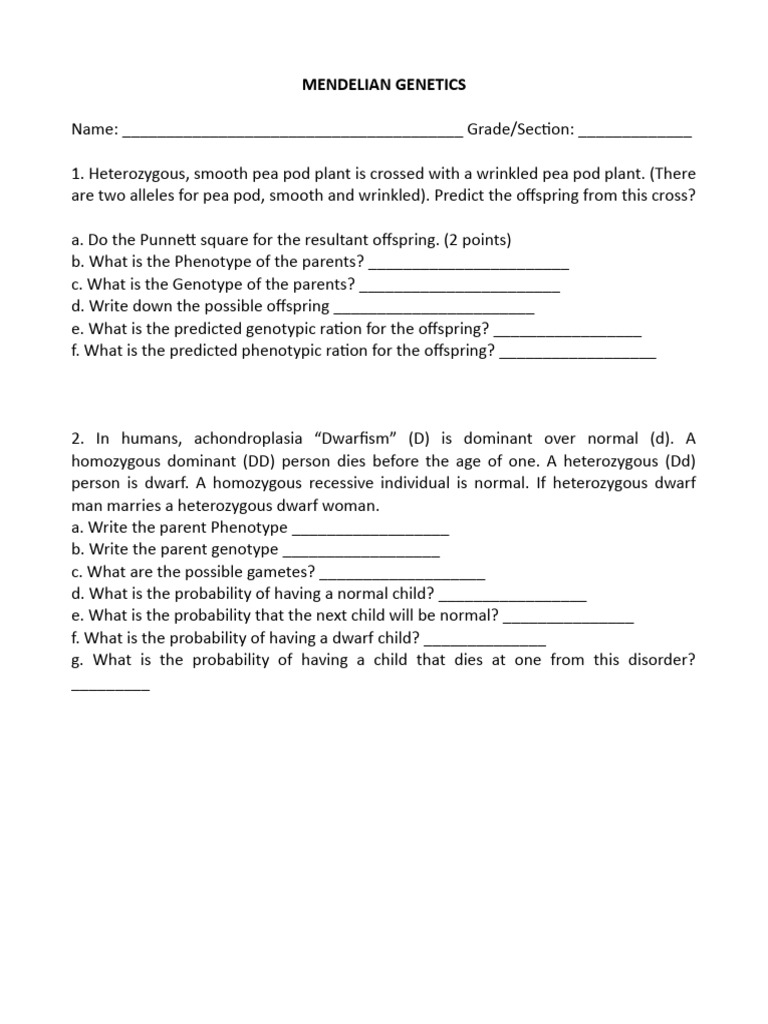 MENDELIAN GENETICS Worksheet | PDF