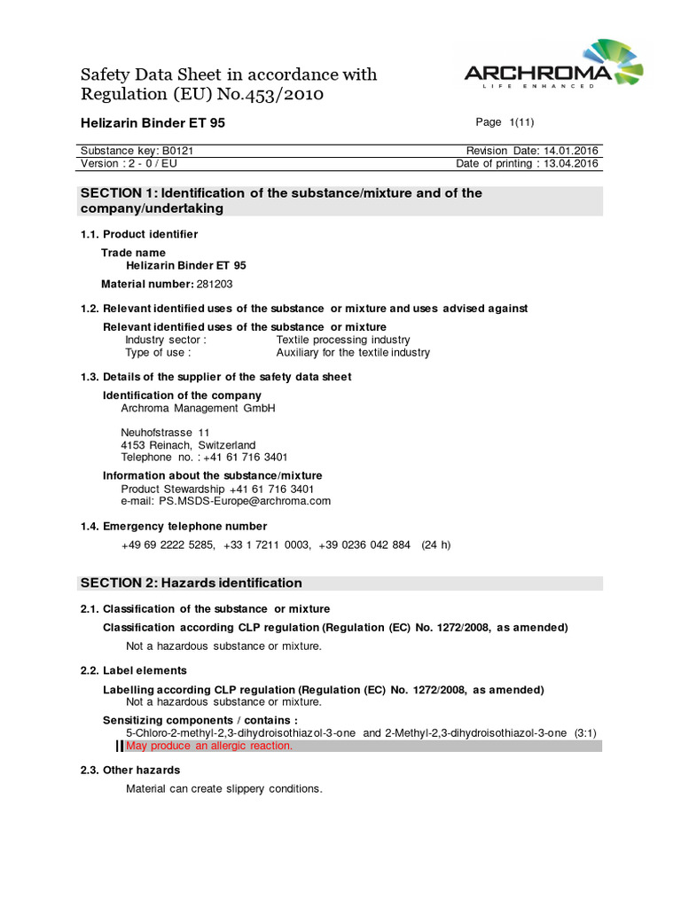 Helizarin Binder ET 95 Safety Data Sheet | PDF | Toxicity | Solvent