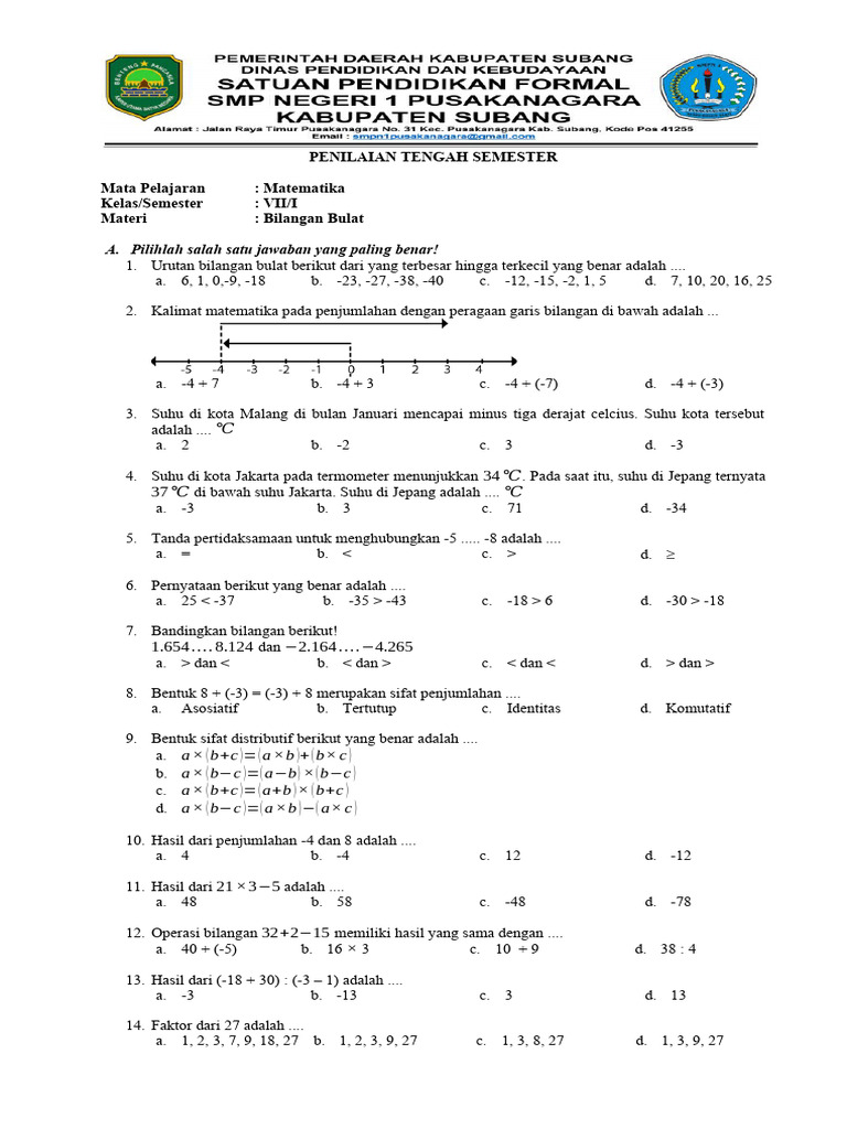 Soal PTS Matematika Kelas 7 | PDF
