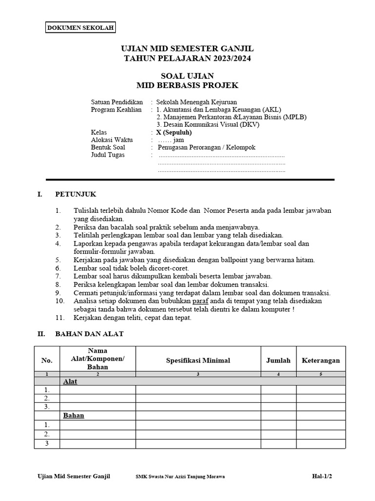 Format Soal Projek Mid Semester Ganjil 2023-2024 | PDF