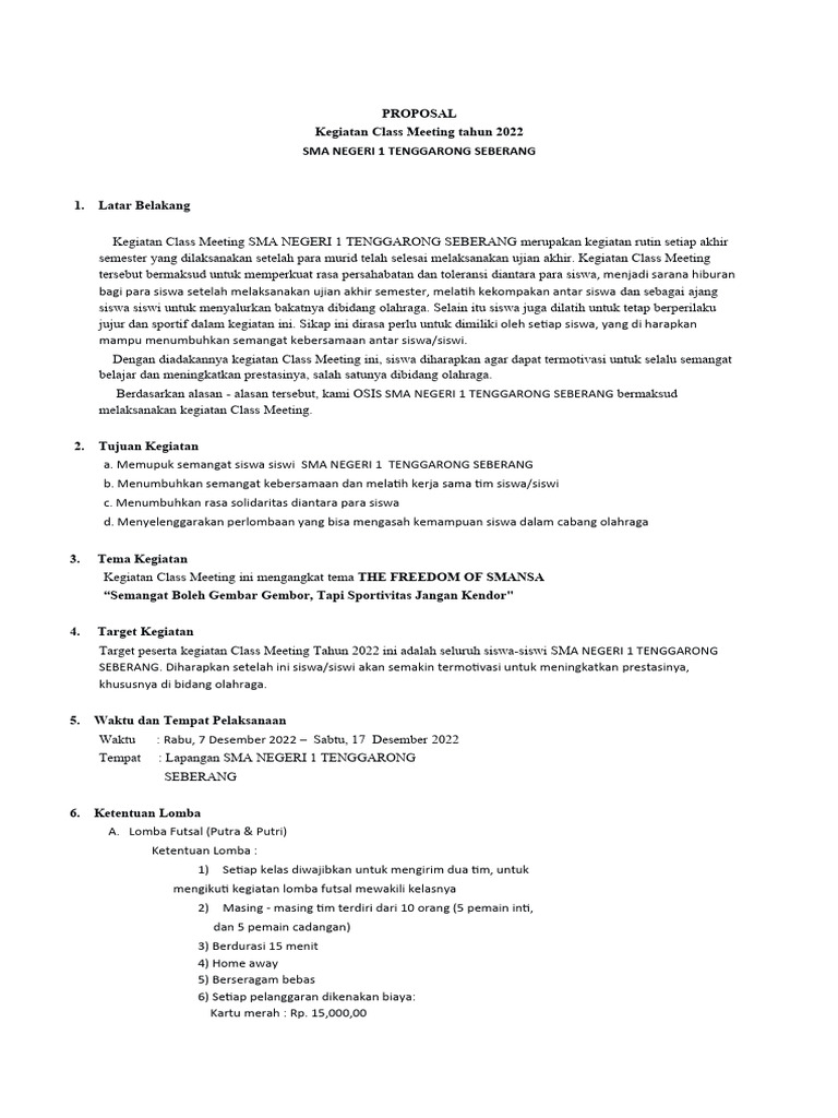 Proposal Kegiatan Class Meeting 2022 | PDF