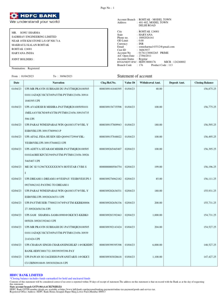 Statement of Account: Date Narration Chq./Ref - No. Value DT Withdrawal ...