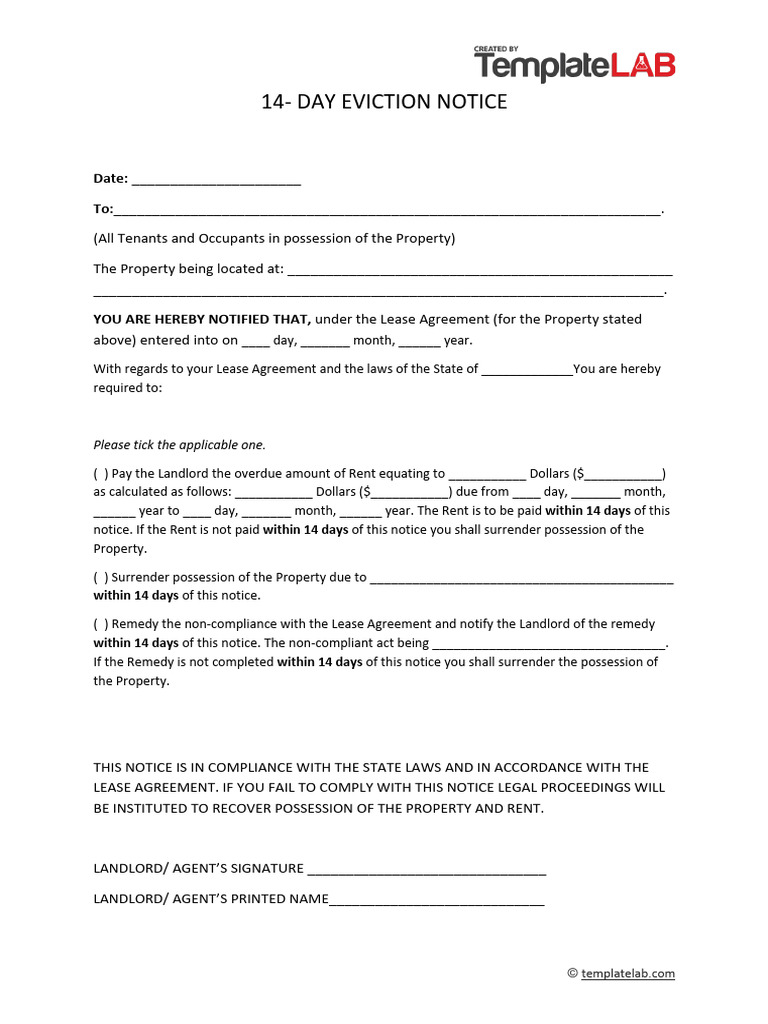 14 Days Eviction Notice Template | PDF | Lease | Eviction