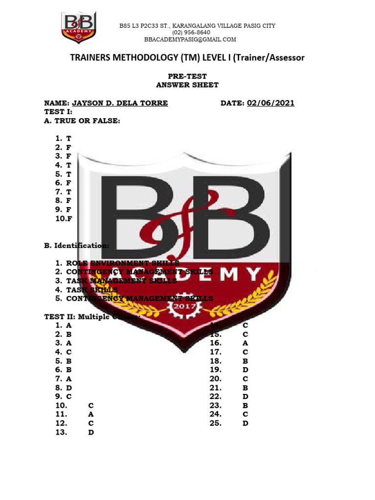 TESDA Pre-Test Answer Key | PDF | Curriculum | Learning