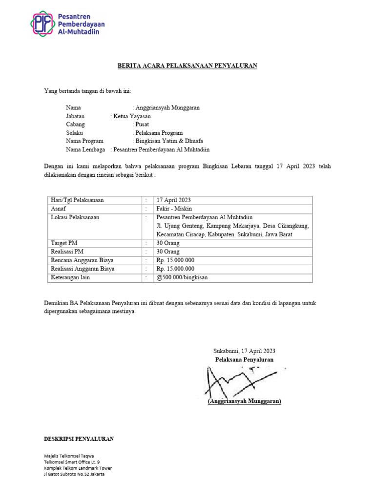 Berita Acara Pelaksanaan Penyaluran | PDF