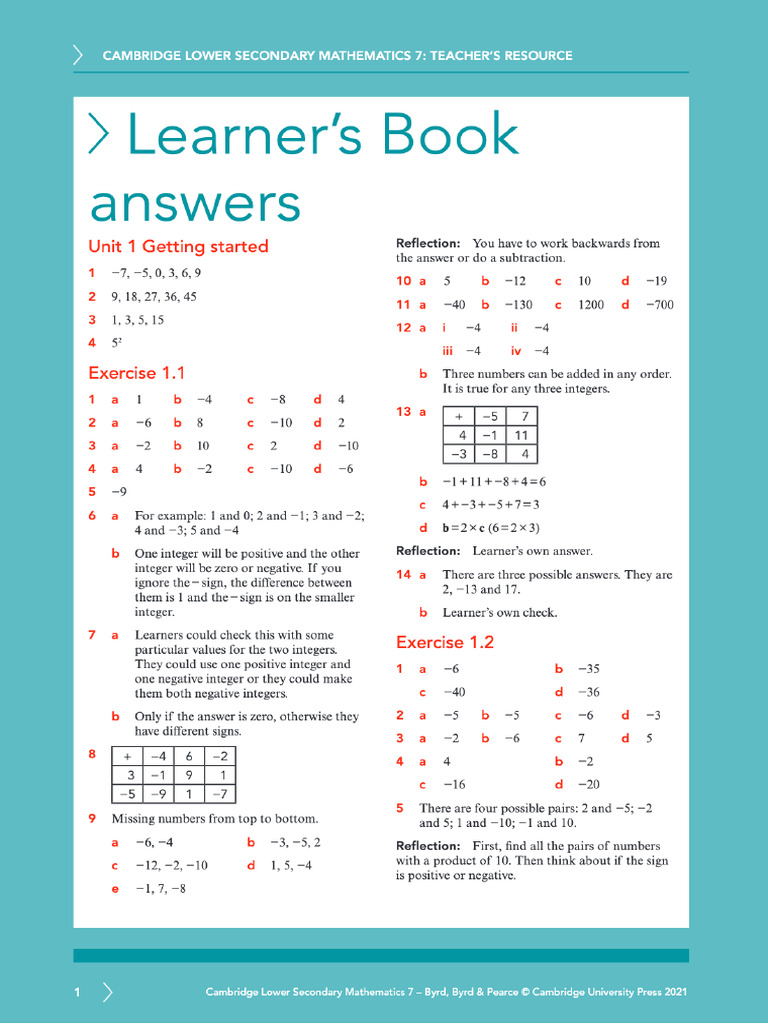 Cambridge Year 7 Math Learner Book Answers | PDF