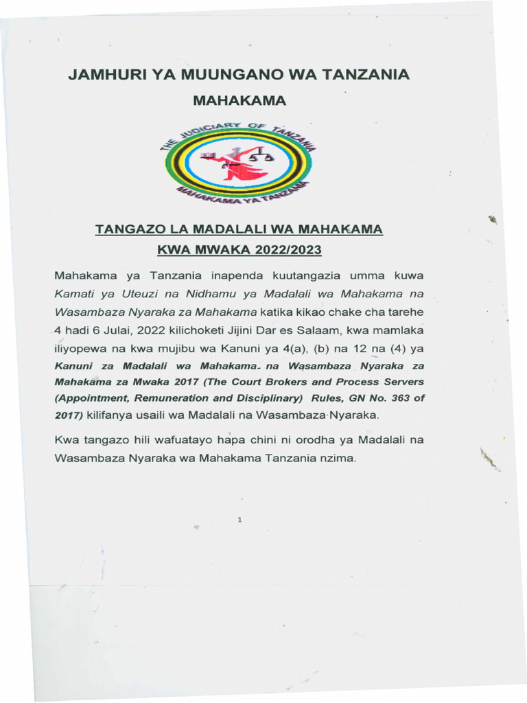 Tangazo Orodha Ya Madalali Na Wasambaza Nyaraka Wa Mahakama Walio Hai ...