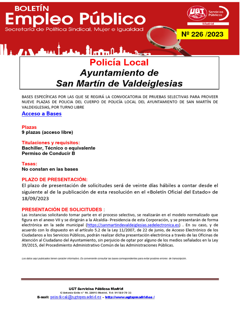 226-23 Boletín Informativo Empleo Publico Policías Locales Ayuntamiento de San Martin de ...
