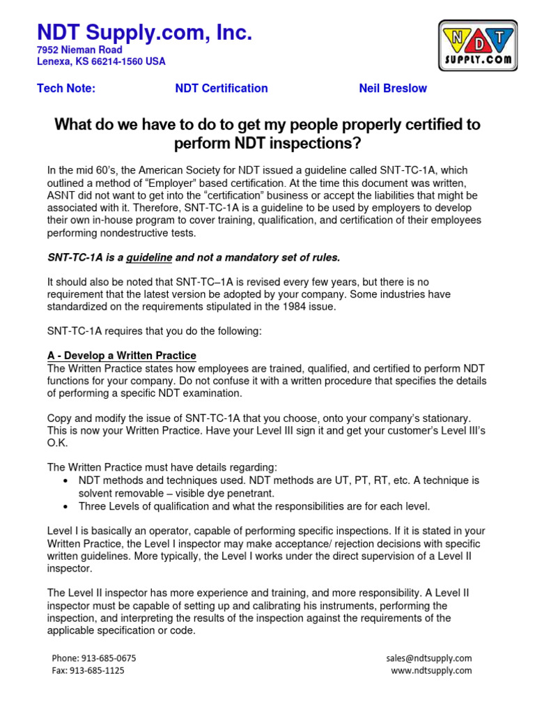 SNT-TC-1A Certification Guidelines | PDF | Nondestructive Testing