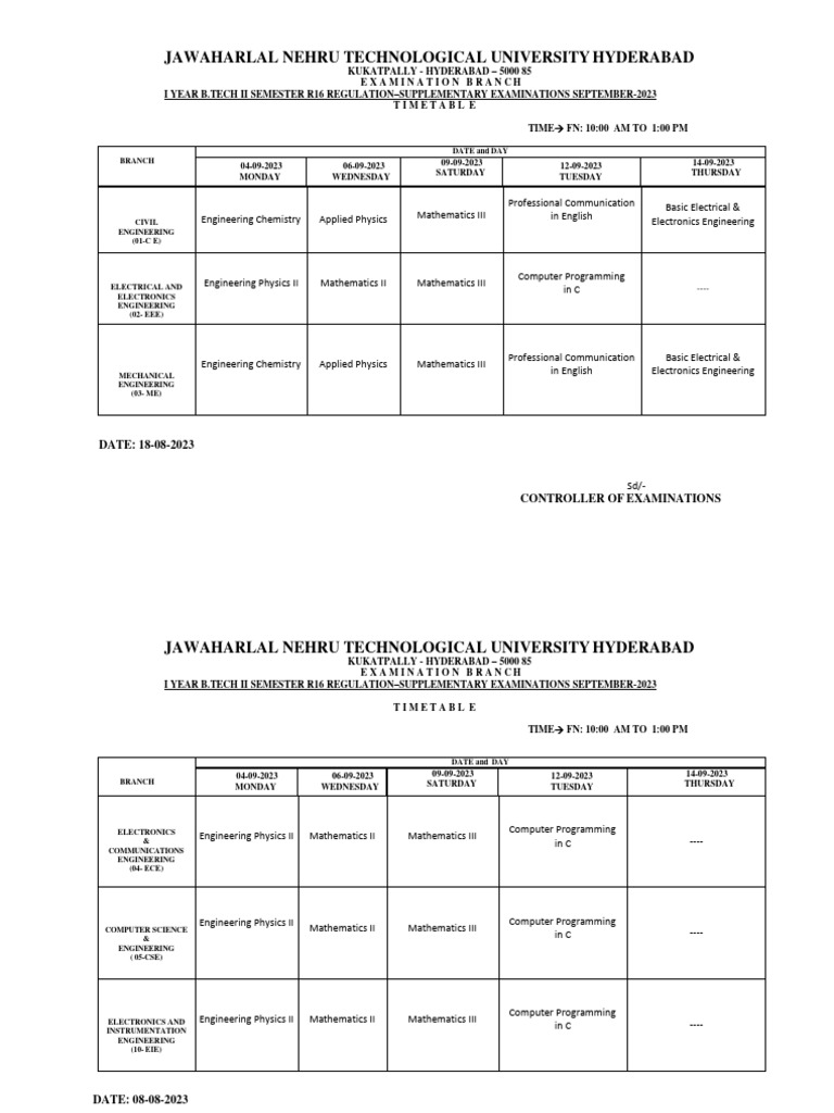 JNTUH B.Tech II Sem Exam Schedule 2023 | PDF | Engineering | Electrical Engineering