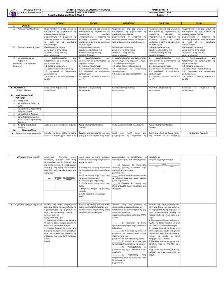 DLL - Esp 5 - Q1 Week 1 7 | PDF