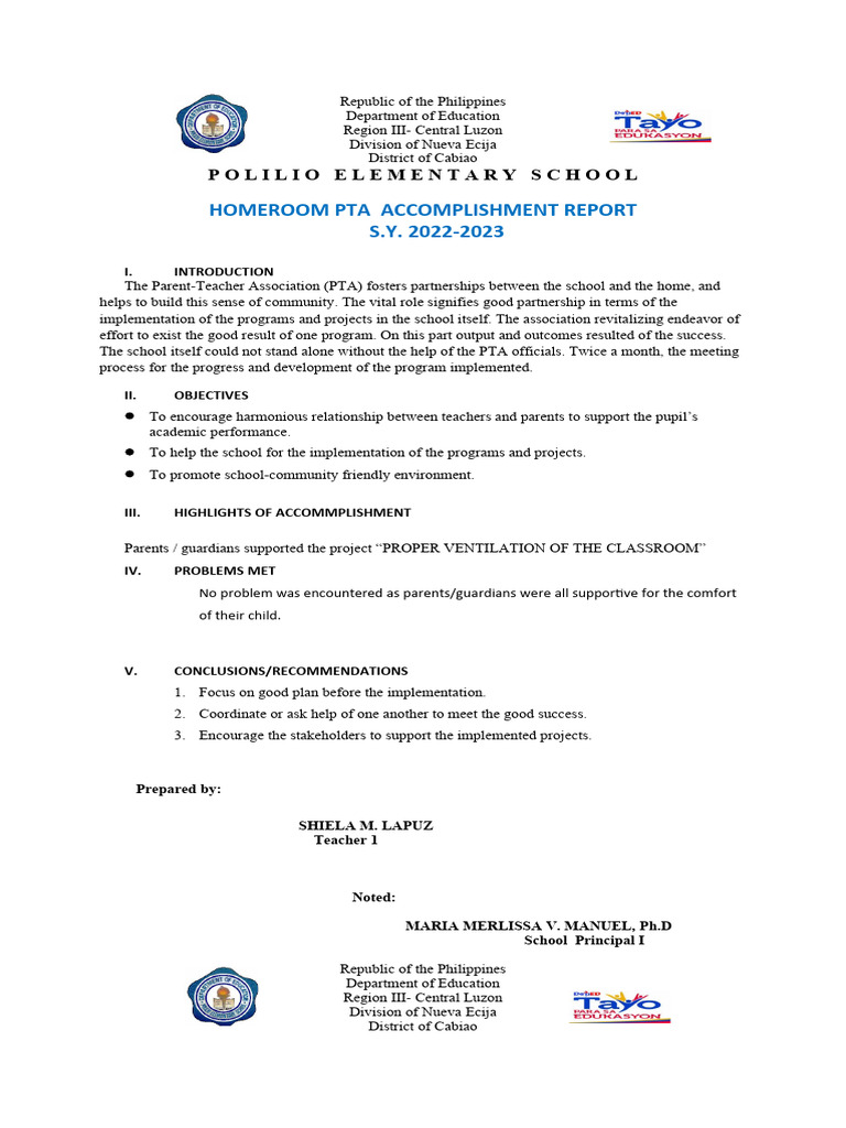 Pta Accomplishment Report | PDF