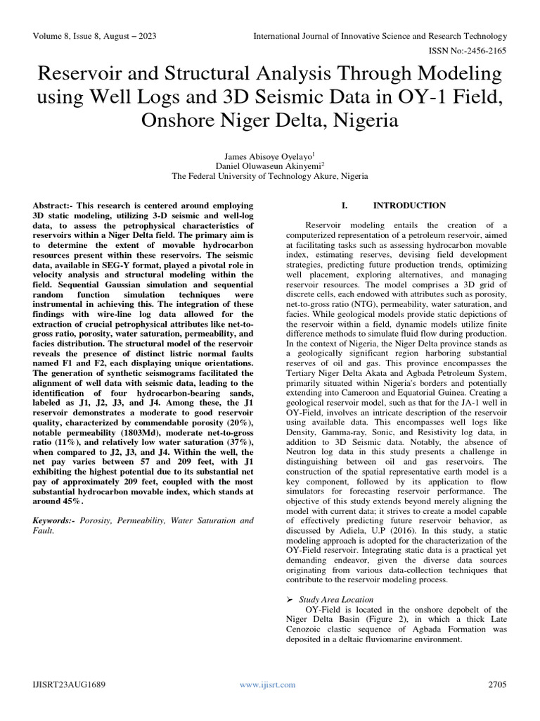 Reservoir and Structural Analysis Through Modeling Using Well Logs and 3D Seismic Data in OY-1 ...
