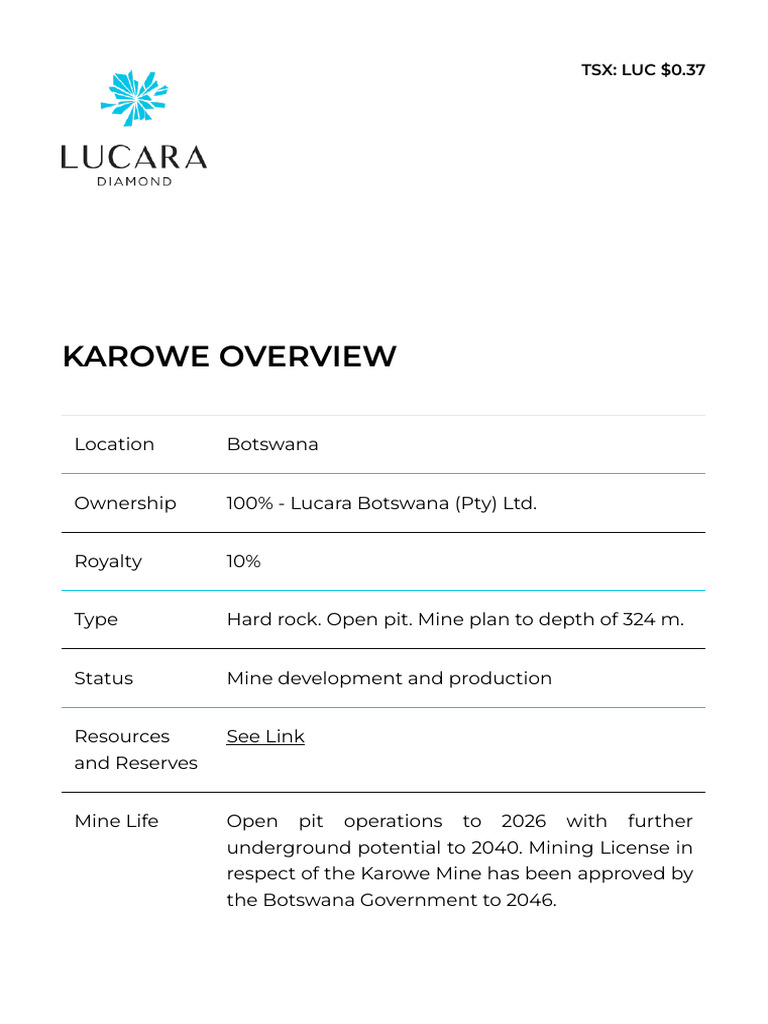 Karowe Overview - Lucara Diamond | PDF | Mining | Diamond