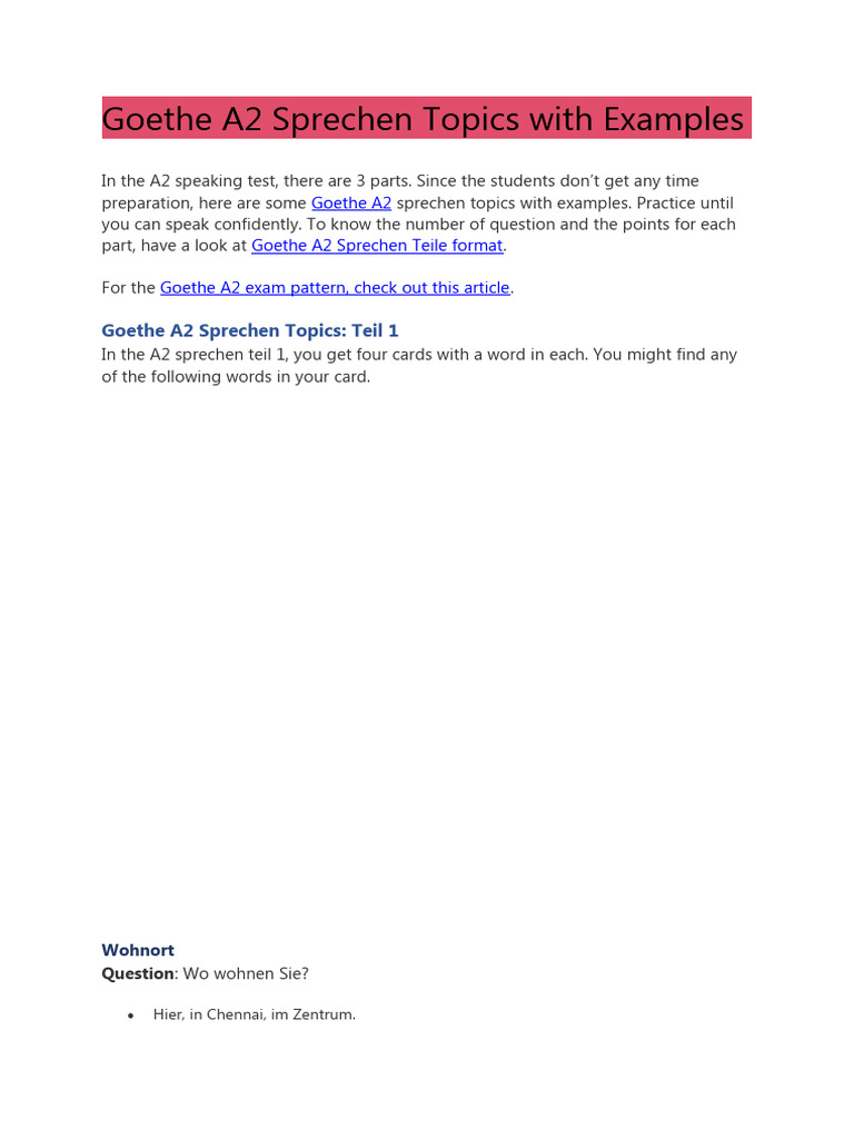 Goethe A2 Sprechen Topics With Examples | PDF