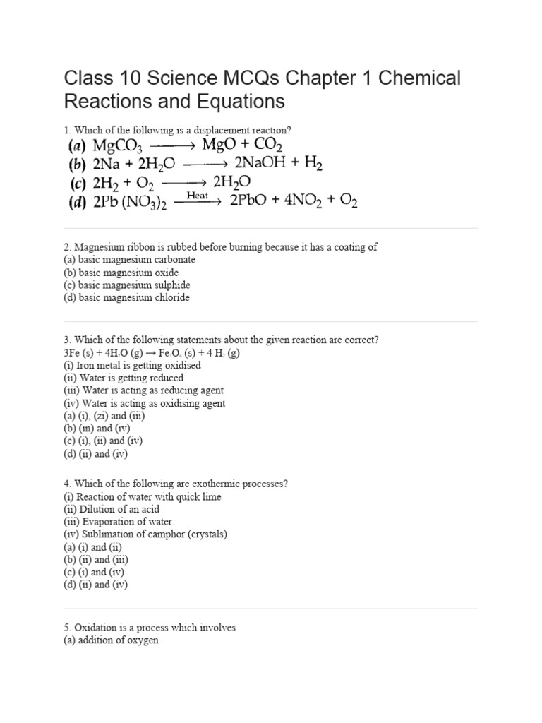 Class 10 Science (CHEMISTRY) MCQs Chapter 1,2,3 Questions | PDF | Oxide ...