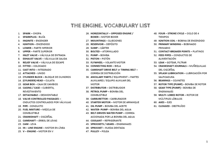 The Engine - Vocabulary | PDF | Ingeniería mecánica | Vehículos