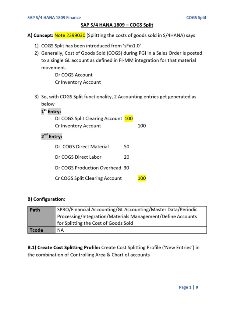 COGS Split SAP S4 HANA | PDF | Cost Of Goods Sold | Inventory