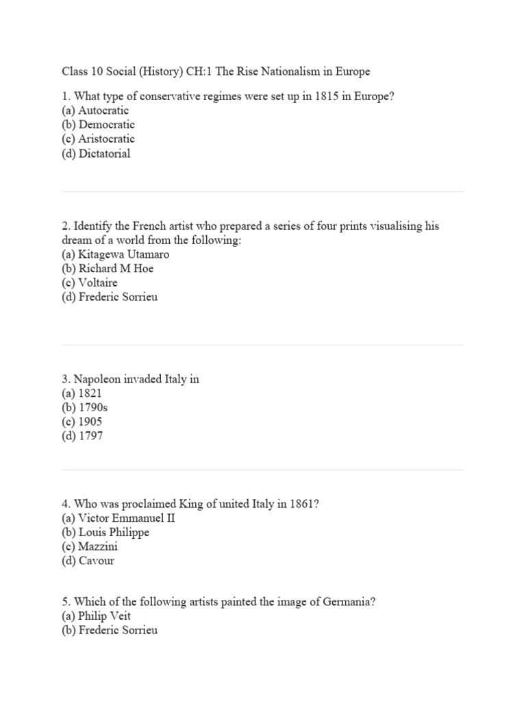 Class 10 Social (History) CH1 The Rise Nationalism in Europe MCQs ...