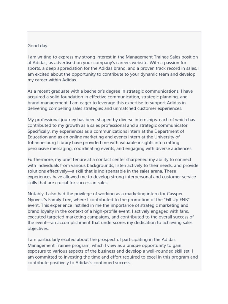 Thapelo Khambule Adidas Cover Letter. | PDF | Sales | Marketing