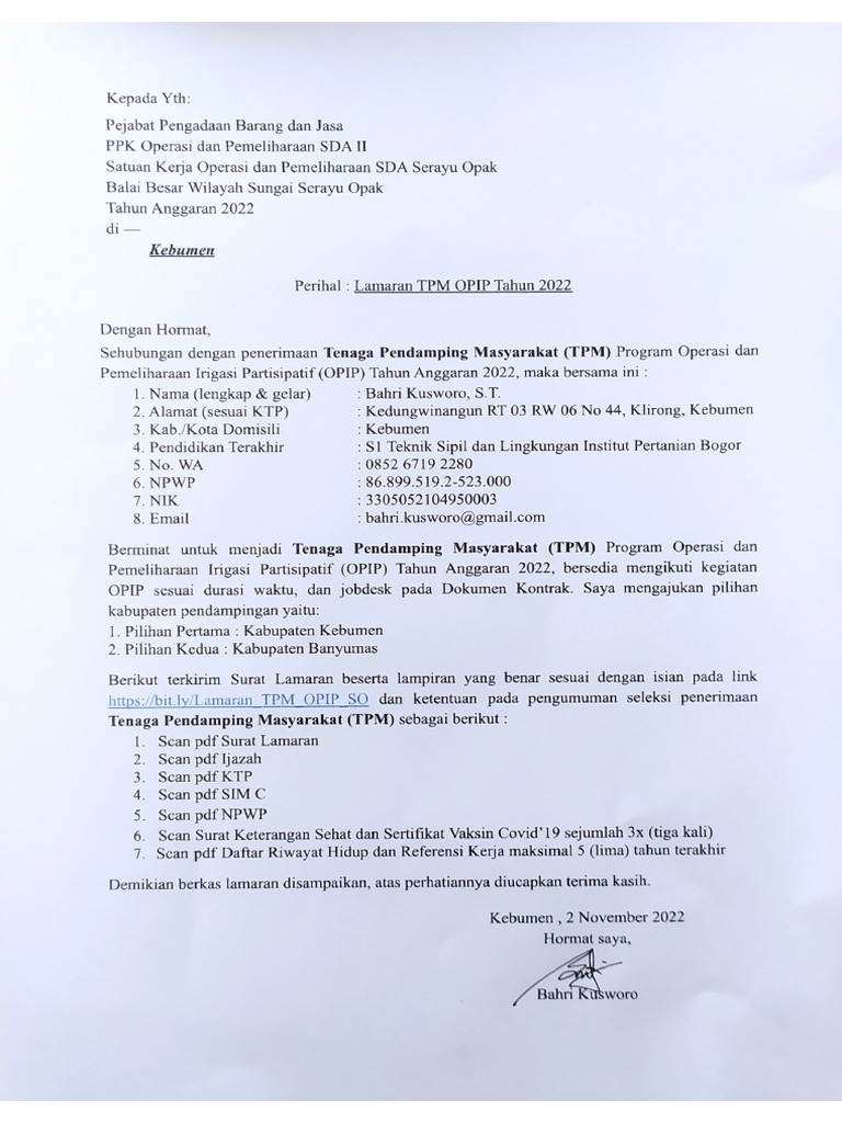 1 Surat Lamaran PuPR | PDF