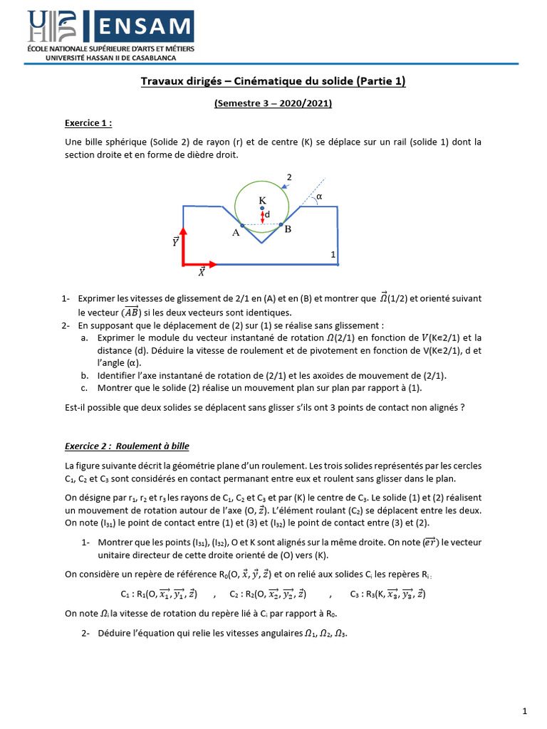 TD1 - Cinématique Du Solide - 2020 | PDF | Mouvement de rotation | Cinématique