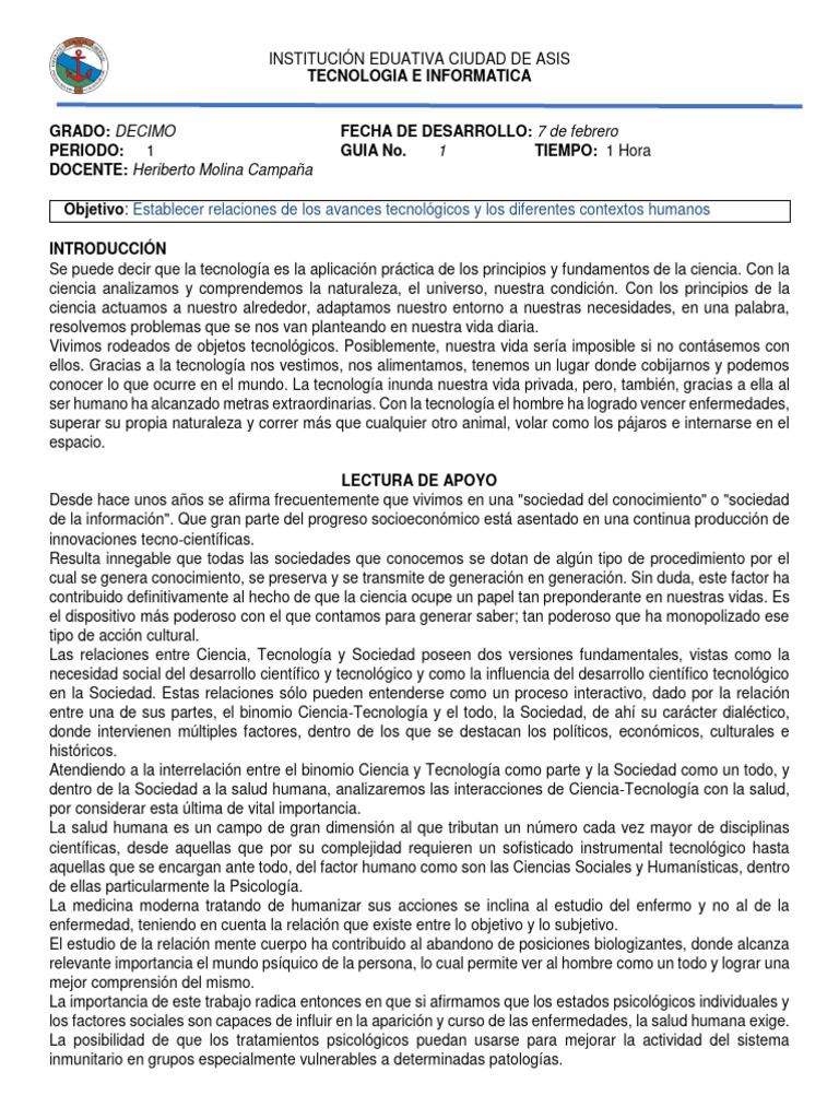 Guia 1 Tecnologia - Decimo | PDF | Sociedad | Conocimiento