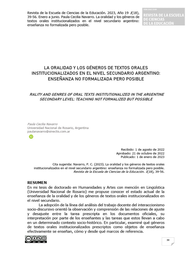 La Oralidad y Los Géneros de Textos Orales Institucionalizados en El ...