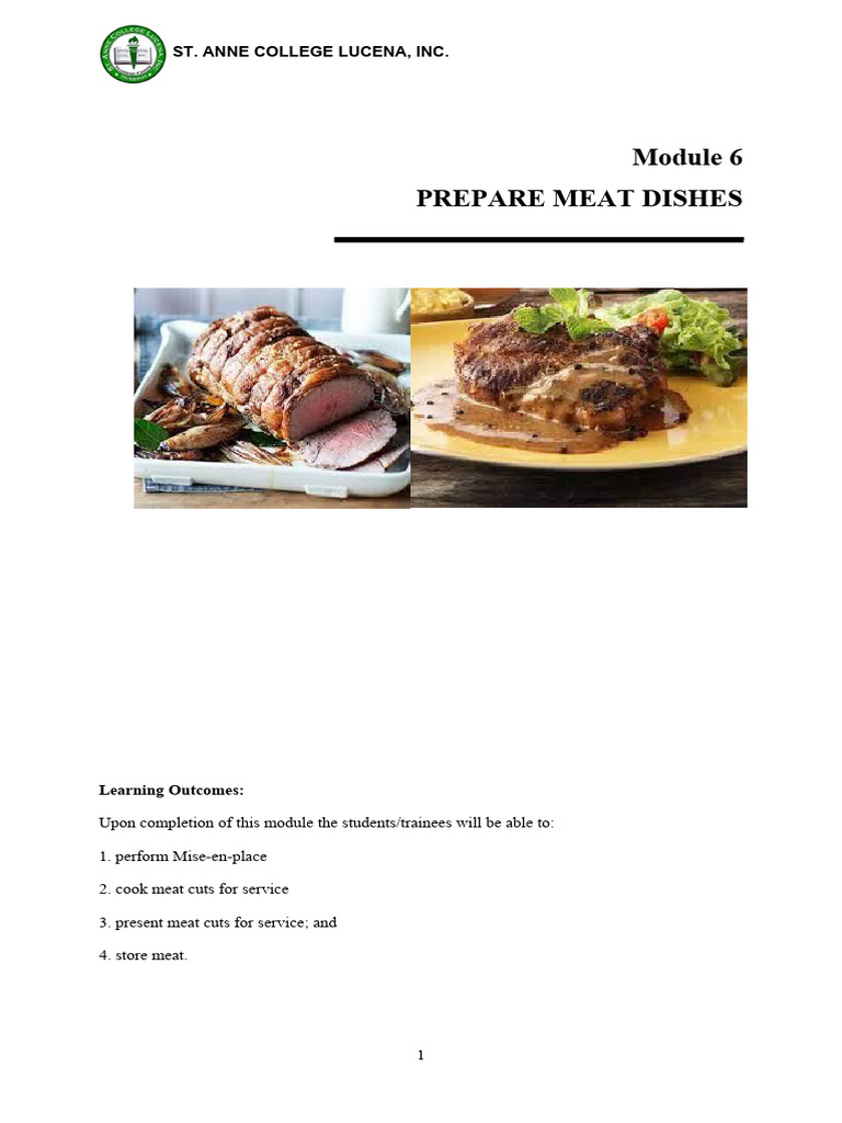 Prepare and Cook Meat Dishes Module | PDF | Beef | Grilling
