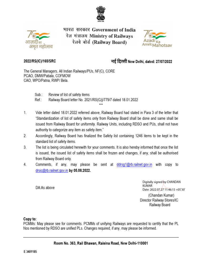 Letter To Railway Units On Safety Items 27.07.2022 | PDF