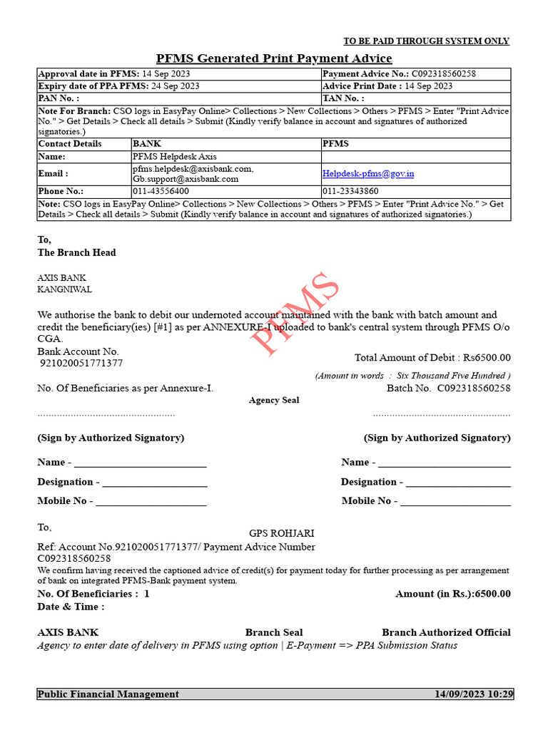 PFMS Generated Print Payment Advice: To, The Branch Head | PDF | Payments | Banks