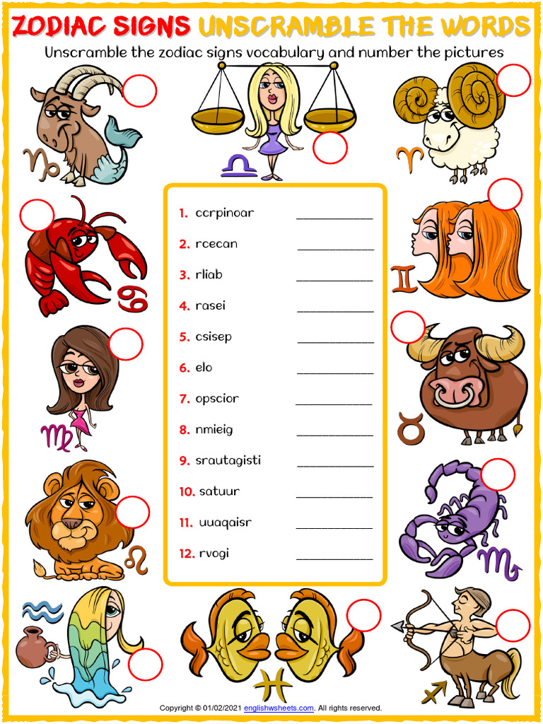 Zodiac Signs Vocabulary Esl Unscramble The Words Worksheet For Kids | PDF