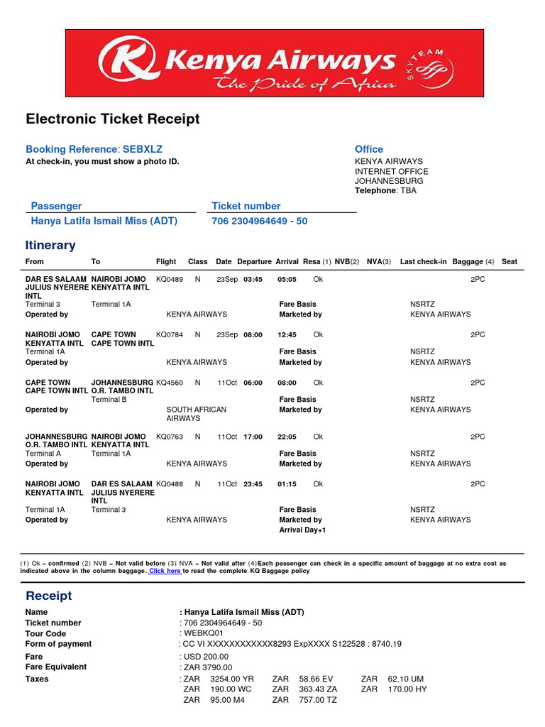 Kenya Airways Electronic Ticket Receipt | PDF